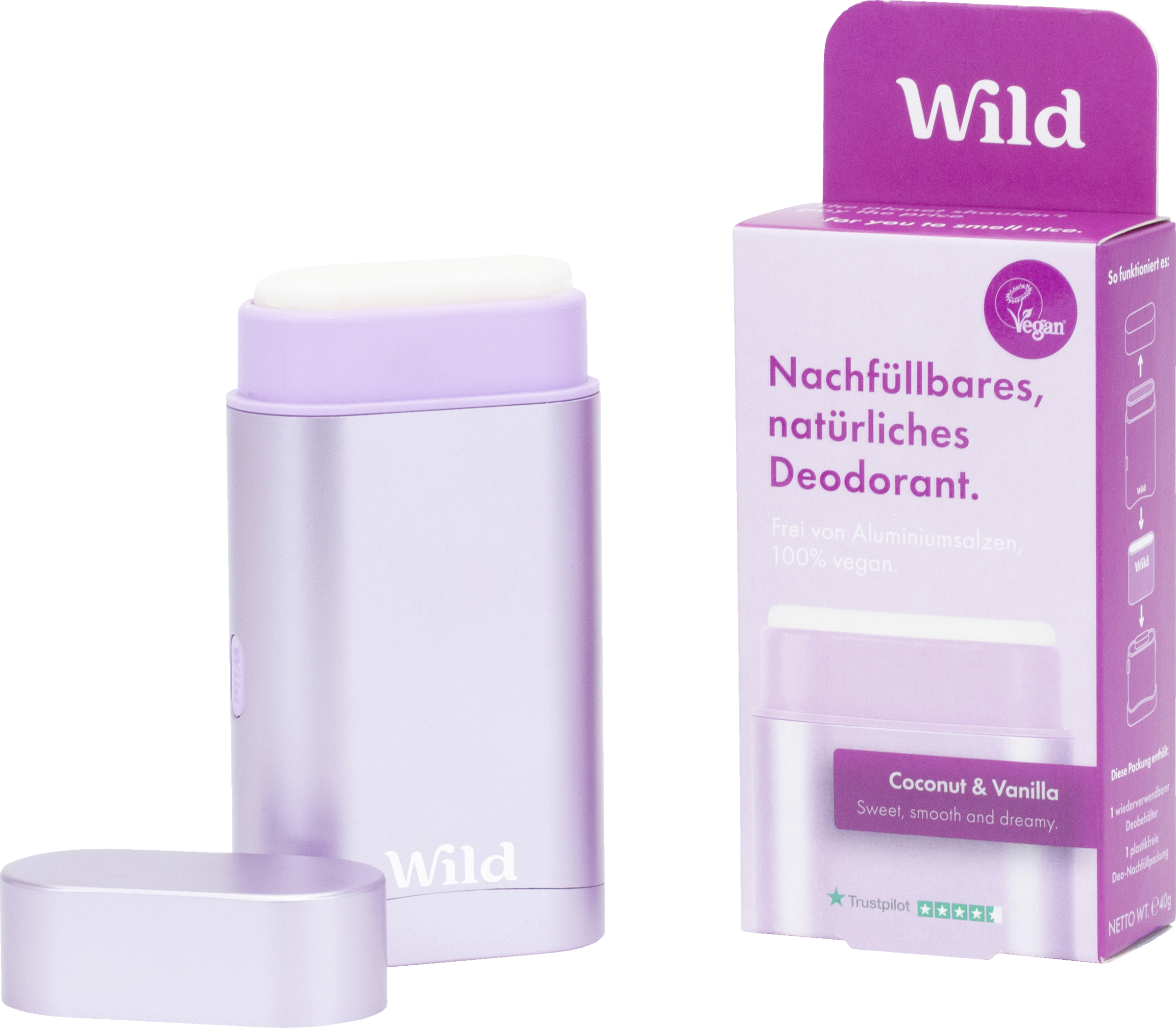 Wild Deo startpakke: Beholder Lila + Coconut & Vanilla Refill Deo Køb ...