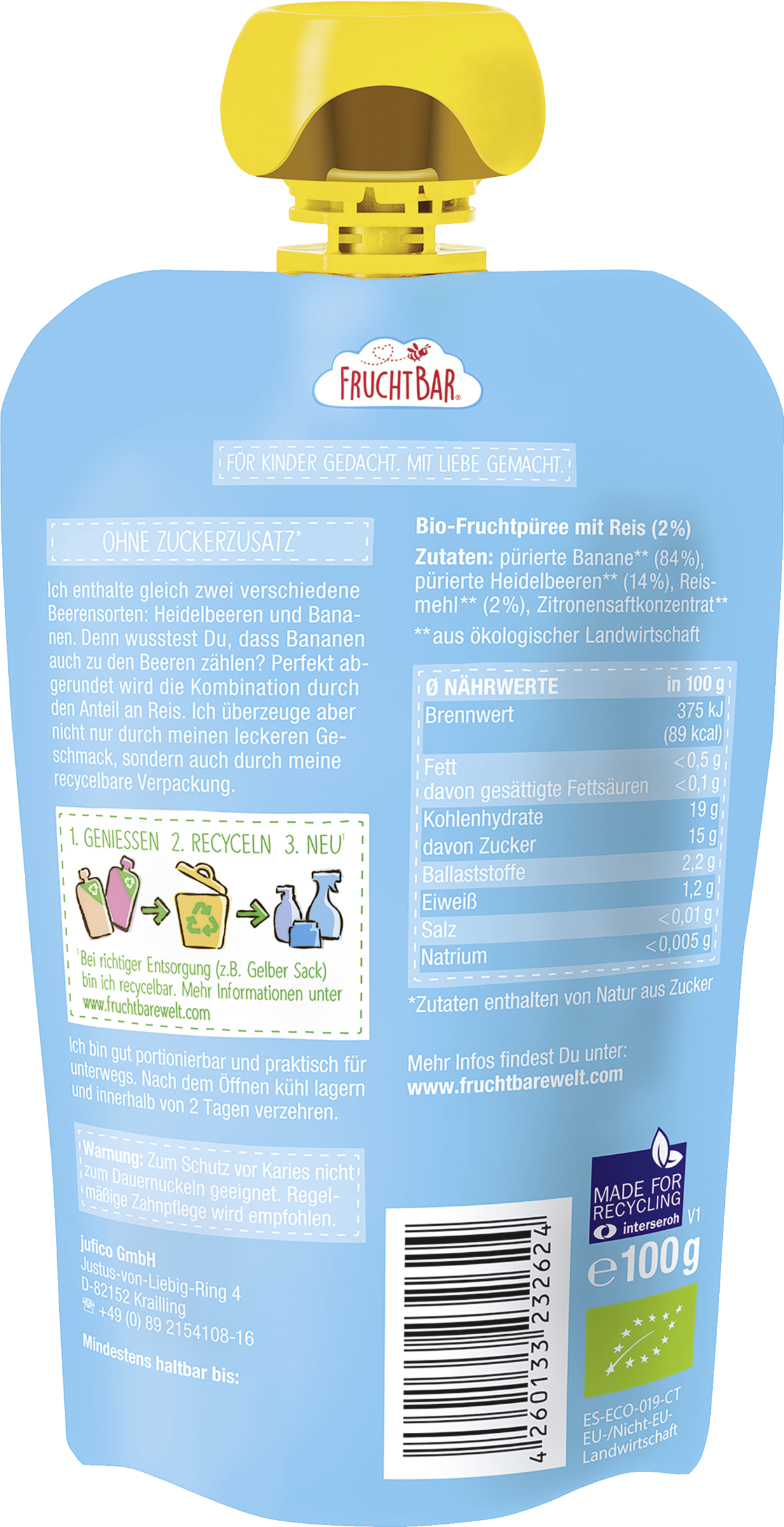 FruchtBar Økologisk frugtpuré med blåbær, banan og ris Køb online ...