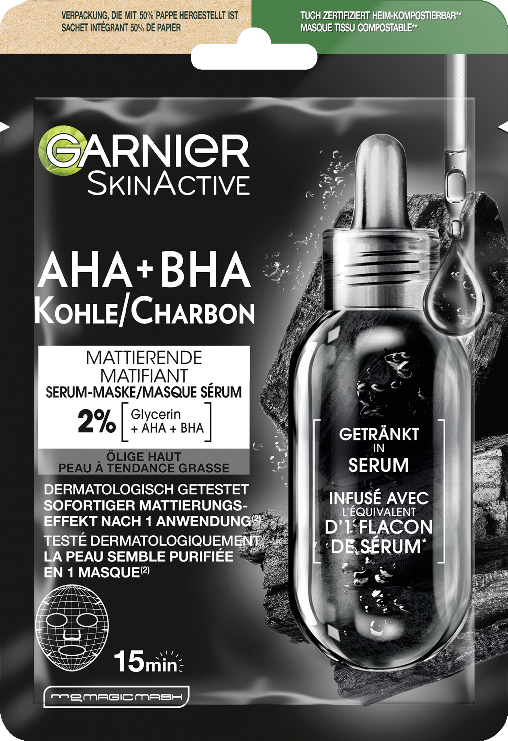 Garnier SkinActive AHA + BHA Charcoal Mattifying Serum Cloth Mask Køb ...