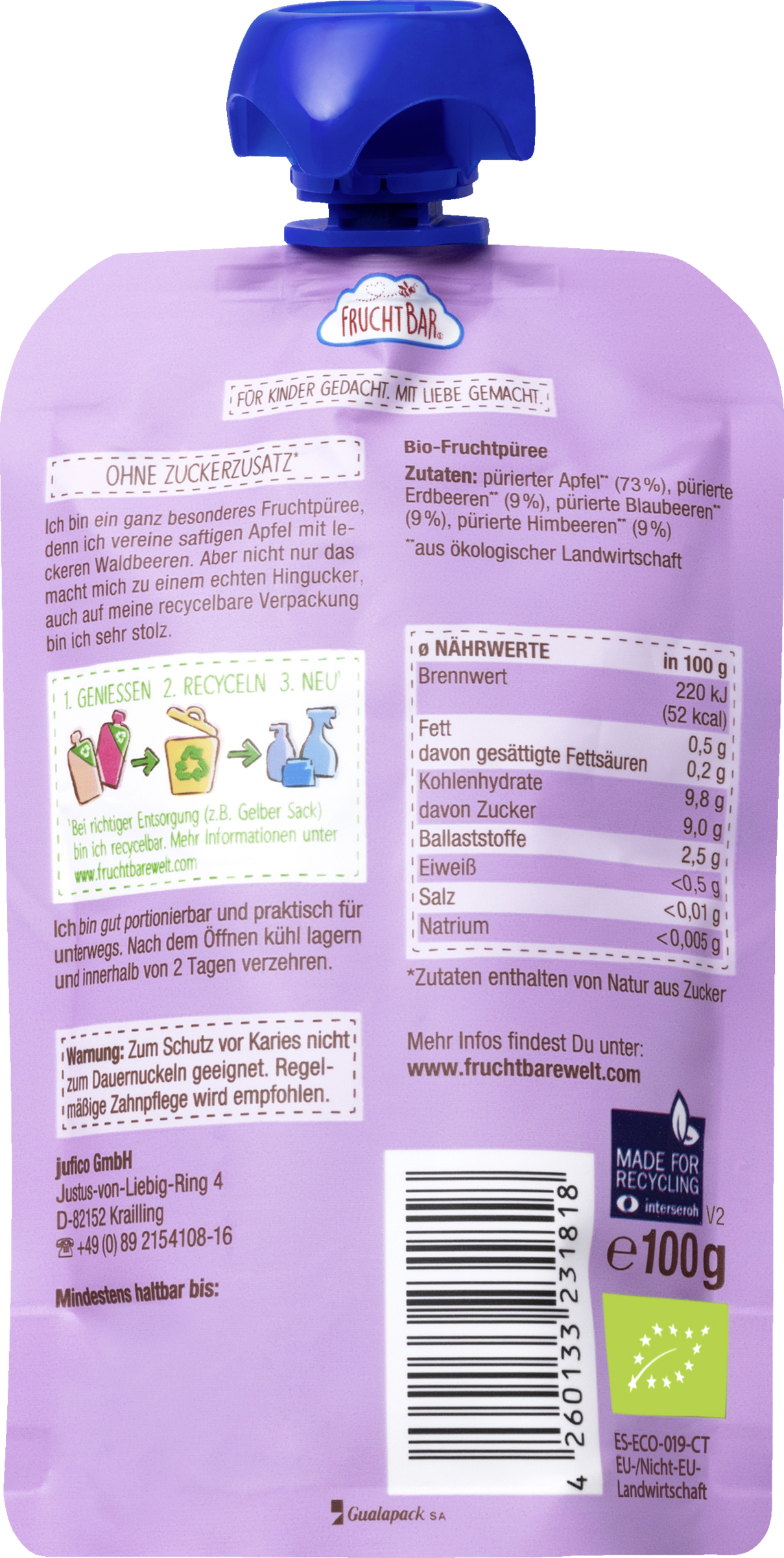 FruchtBar Økologisk frugtpuré æble- og skovbær Køb online | rossmann.dk